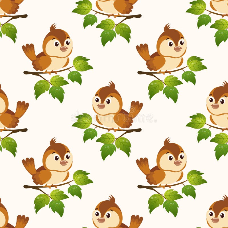 Seamless Pattern, Cute Sparrows on Tree Branches. Children S Print ...