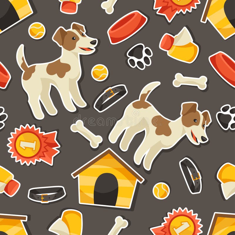 Seamless Pattern with Cute Sticker Dogs, Icons and Stock Vector ...
