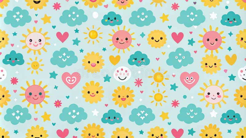 Seamless Pattern with Cute Sun, Clouds, Stars and Hearts on Light Blue ...