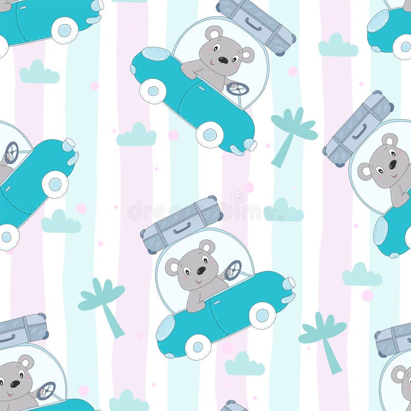 Seamless Pattern with Cute Teddi Bear in the Car Vector Illustration ...
