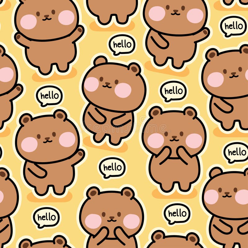 Seamless Pattern of Cute Teddy Bear in Various Poses with Hello Text on ...