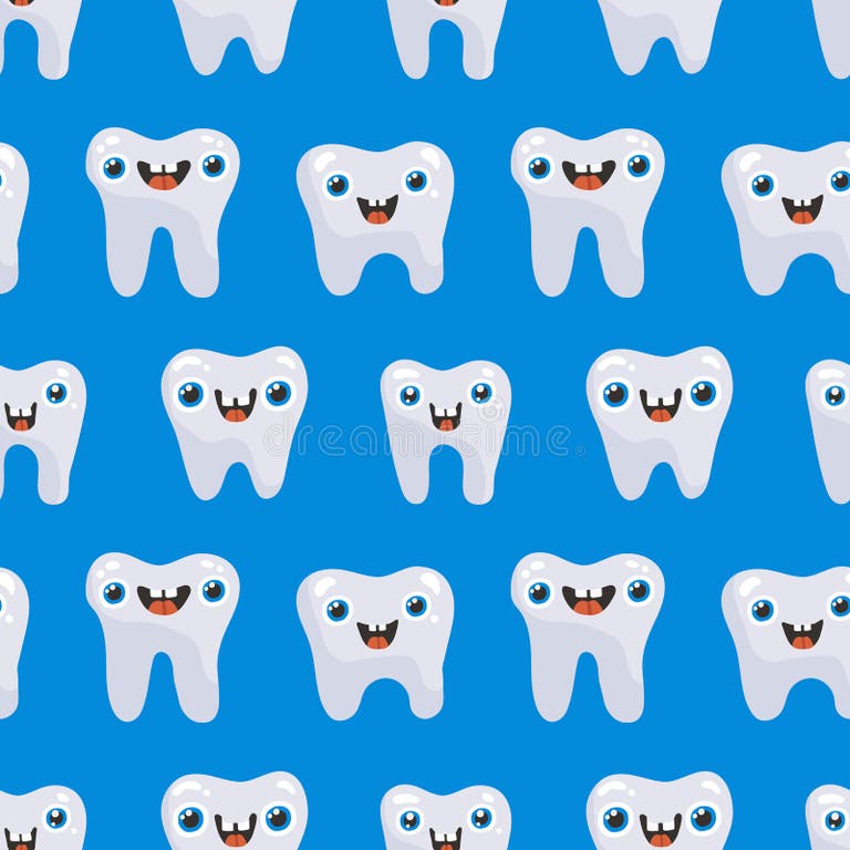 Seamless Pattern with Cute Teeth on a Blue Background, Vector. Stock ...