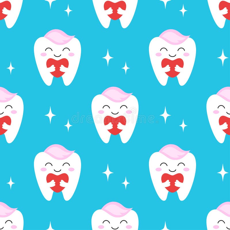 Seamless Pattern with Cute Tooth and Heart Stock Vector - Illustration ...