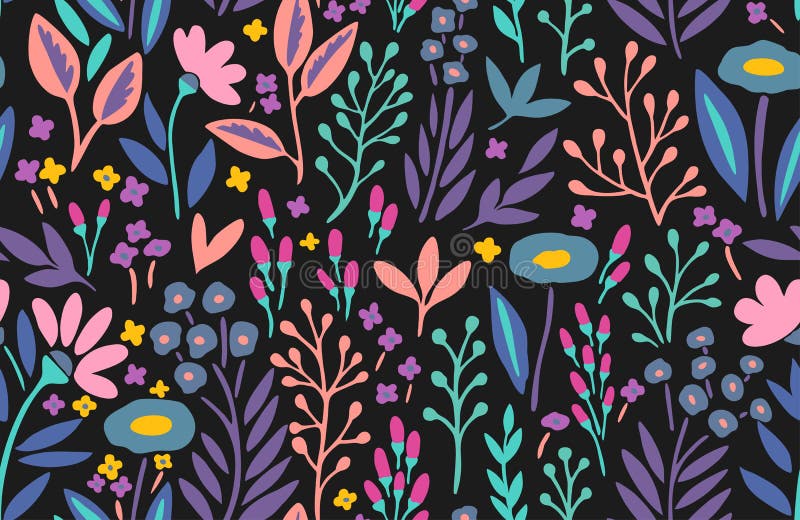 Seamless Pattern with Cute Trendy Flowers and Plant Elements for Design ...