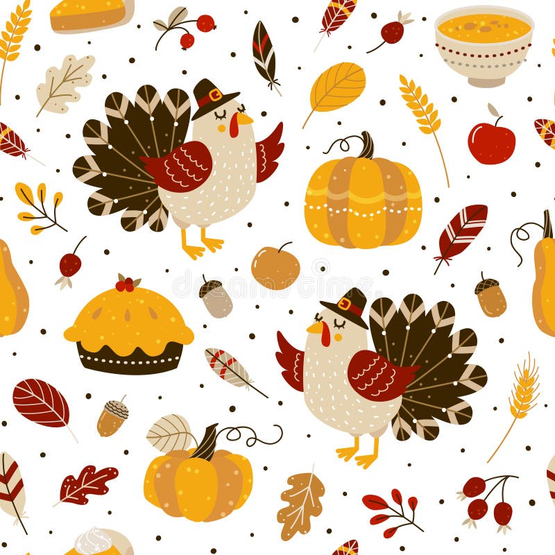 Seamless Pattern with Cute Turkey and Autumn Elements for Thanksgiving ...