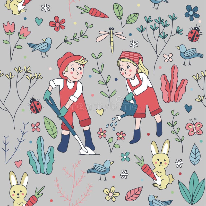 Seamless Pattern of Cute Two Kids Gardening Stock Vector - Illustration of artistic, background ...
