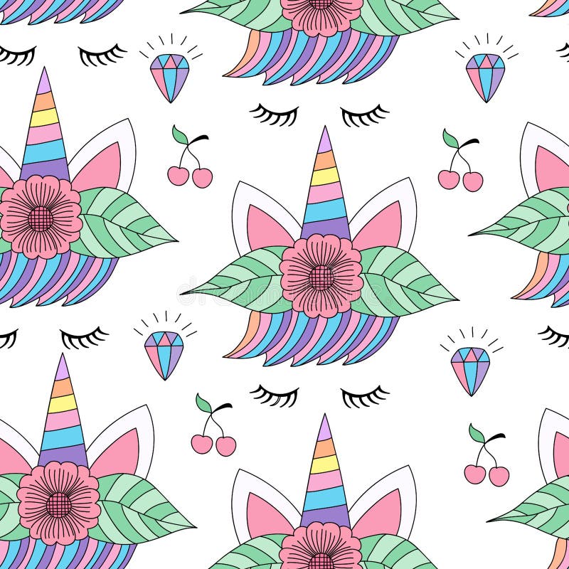 Seamless Pattern Cute Unicorn Cartoon Hand Drawn Style. Stock ...