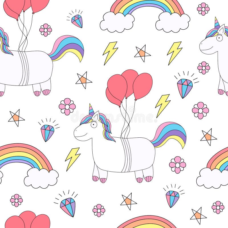 Seamless Pattern Cute Unicorn Cartoon Hand Drawn Style. Stock ...