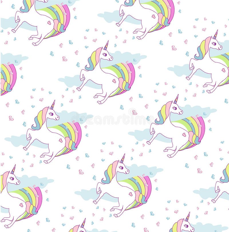 Seamless Pattern With Cute Unicorns And Rainbow Stock Vector