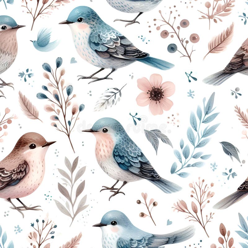 Seamless Pattern with Cute Watercolor Birds and Branches. Stock ...