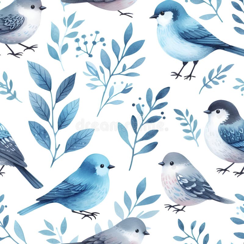Seamless Pattern with Cute Watercolor Birds and Branches. Stock ...