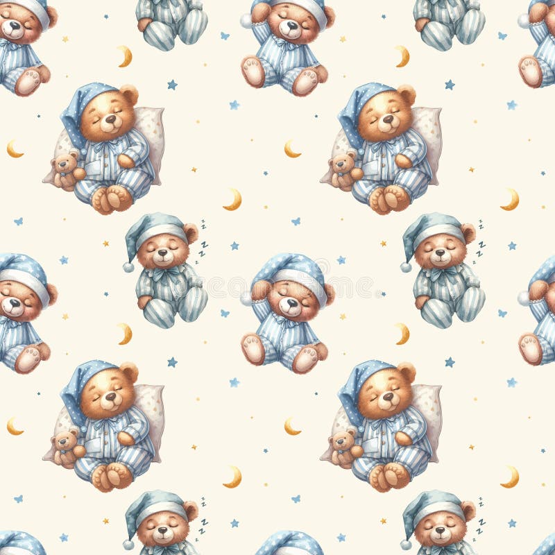 Seamless Pattern with Cute Watercolor Sleeping Bear on Moon and Cloud. Stock Vector ...