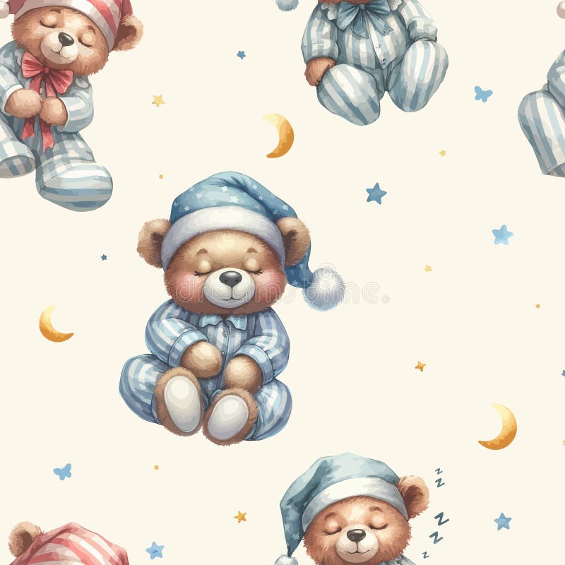 Seamless Pattern with Cute Watercolor Sleeping Bear on Moon and Cloud. Stock Vector ...