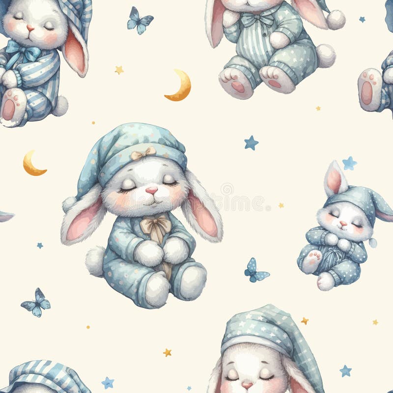 Seamless Pattern with Cute Watercolor Sleeping Bunny on Moon and Cloud ...