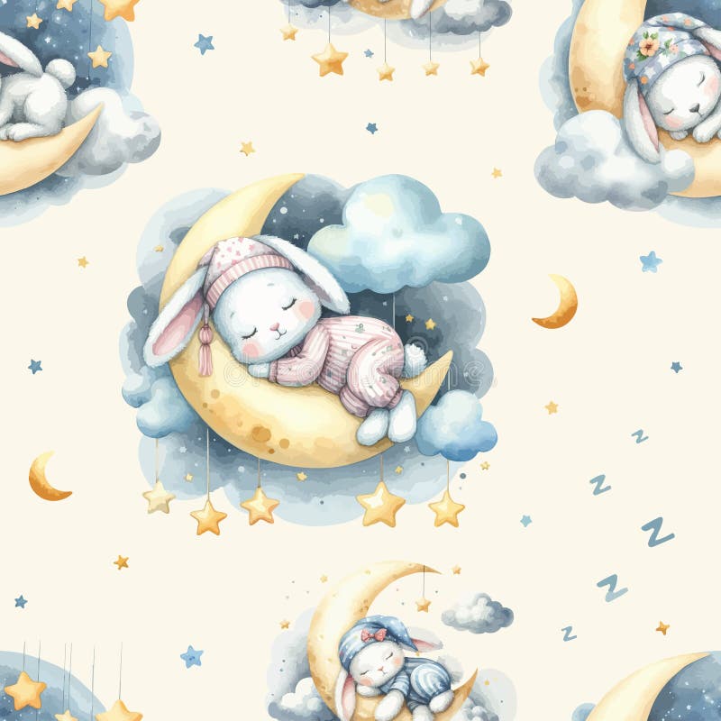 Seamless Pattern with Cute Watercolor Sleeping Bunny on Moon and Cloud. Stock Vector ...