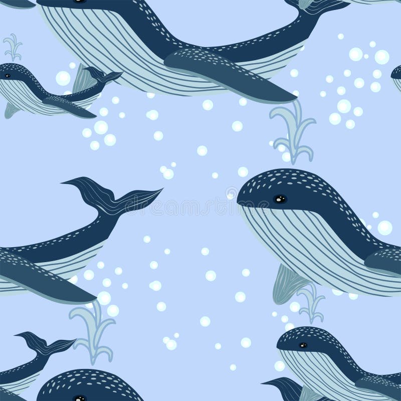 Seamless Pattern with Cute Whales in Cartoon Style Stock Illustration ...