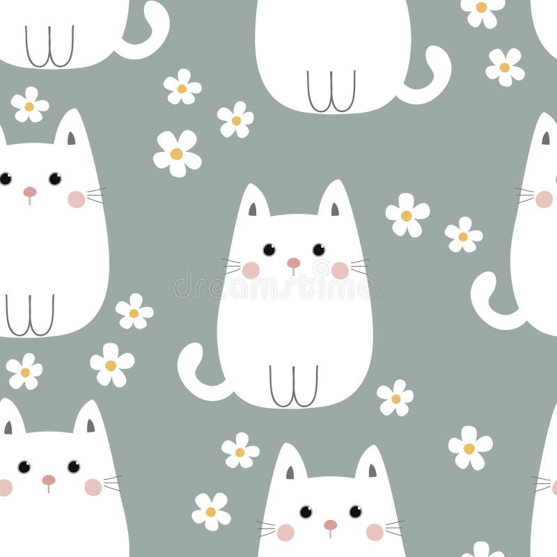 Seamless Pattern with Cute White Cat and Daisies. Stock Illustration ...