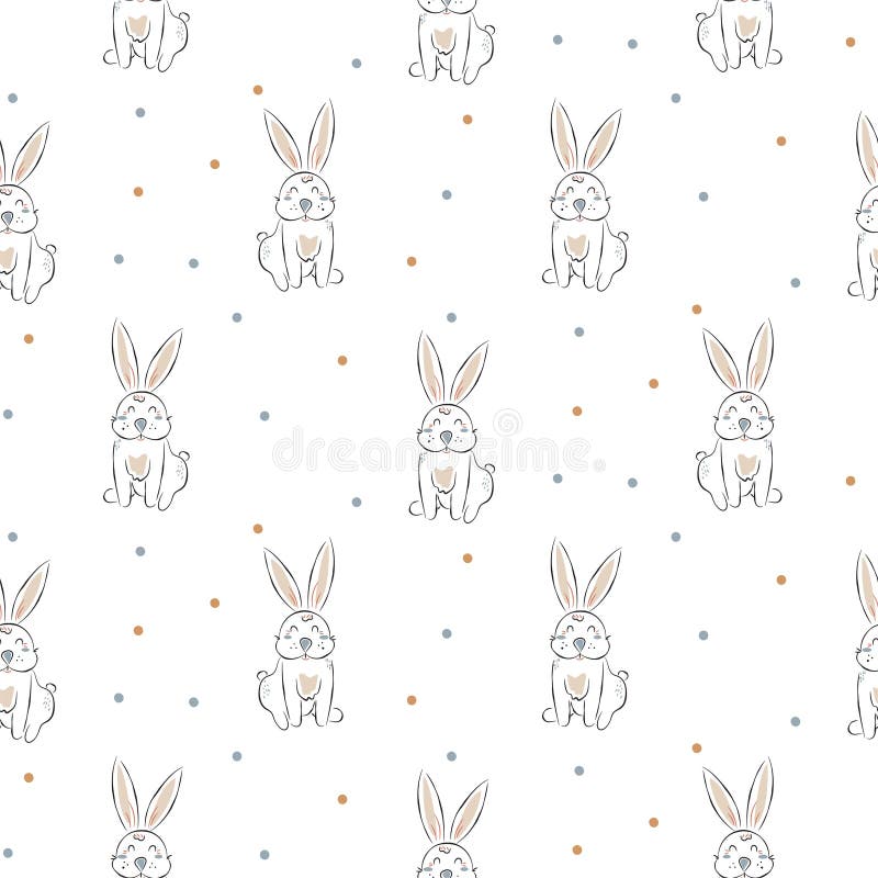 Seamless Pattern with Cute White Rabbits. Doodle Hand Drawn Style ...