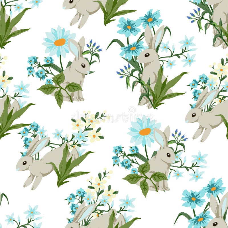 Seamless Pattern with Cute White Rabbits and Flowers. Vector. Stock ...