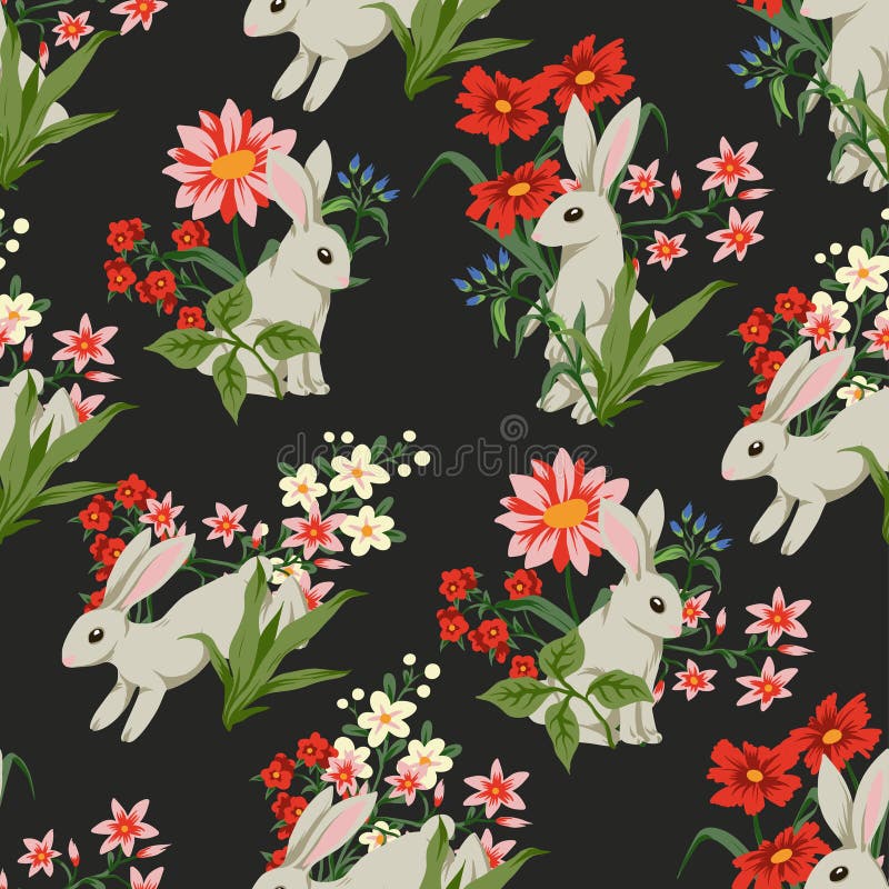 Seamless Pattern with Cute White Rabbits and Flowers. Vector. Stock ...