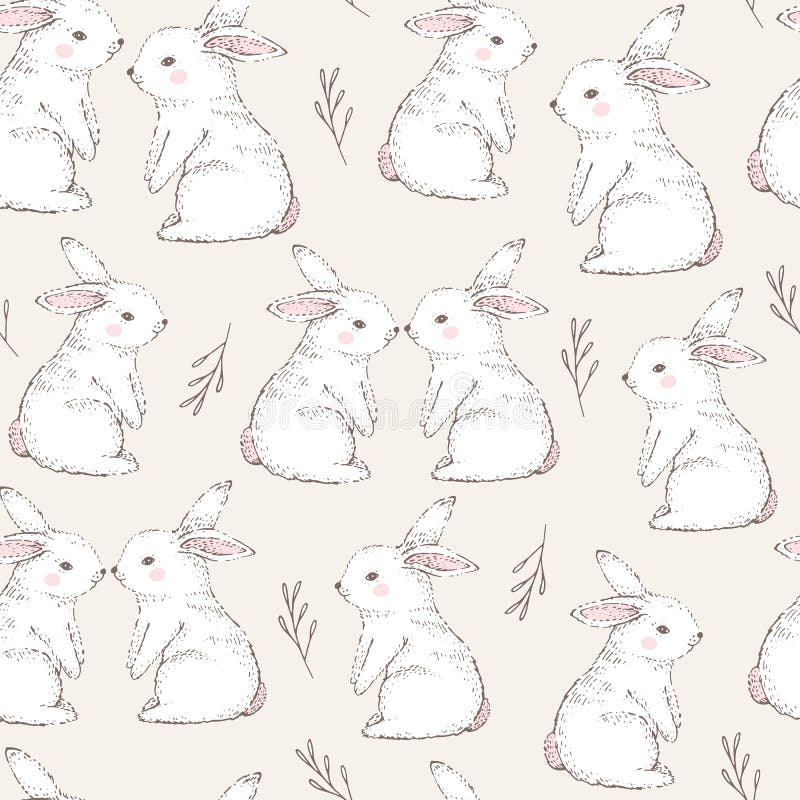 Seamless Pattern with Cute White Rabbits. Hand Drawn Vector Stock ...