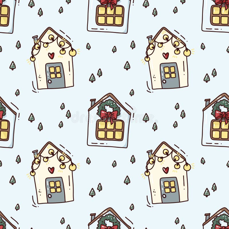 Seamless Pattern with Cute Winter Houses Stock Vector - Illustration of ...