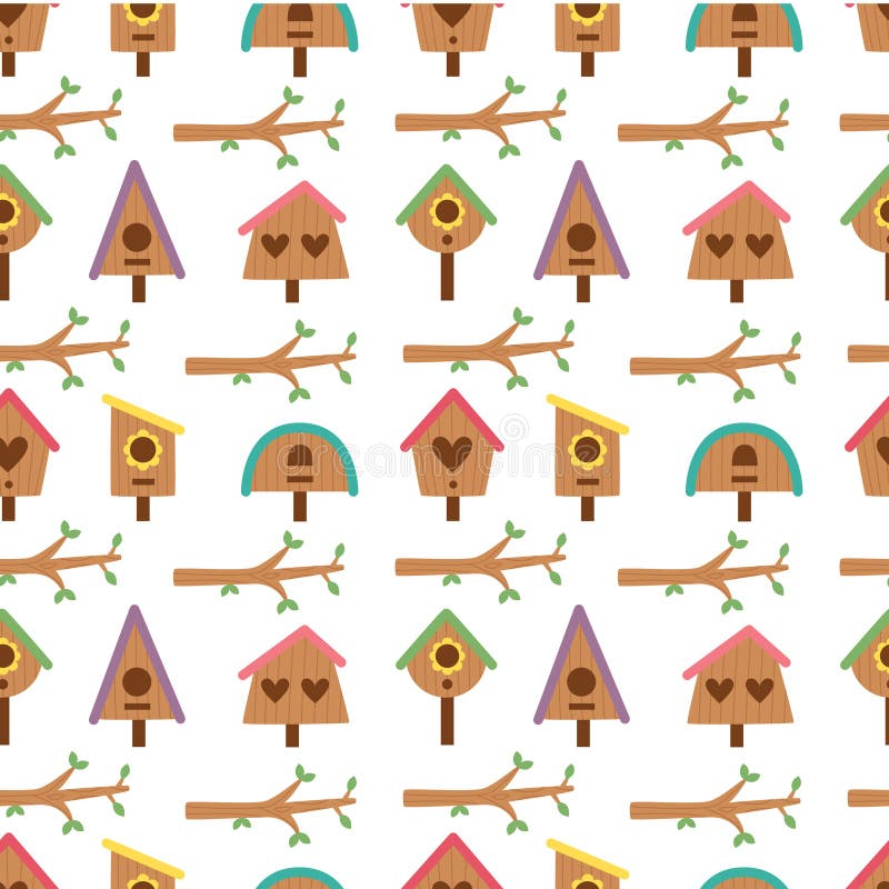 Seamless Pattern with Cute Wooden Birdhouses. Spring Repeat Pattern ...