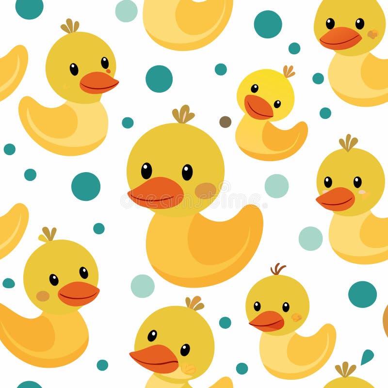 Seamless Pattern of Cute Yellow Rubber Duckies with Teal Dots on a ...
