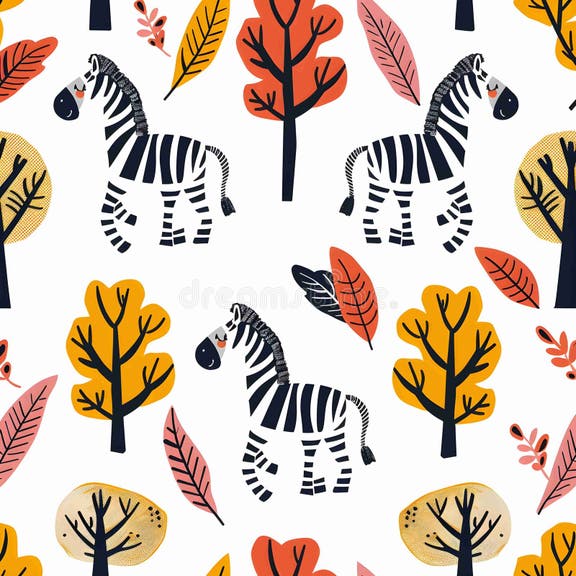 Seamless Pattern with Cute Zebra and Tree in Spring Stock Illustration ...