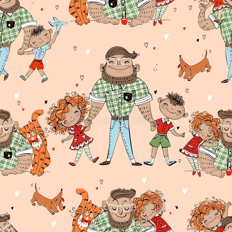 Seamless Pattern with Dad and Kids. Father S Day Stock Vector ...