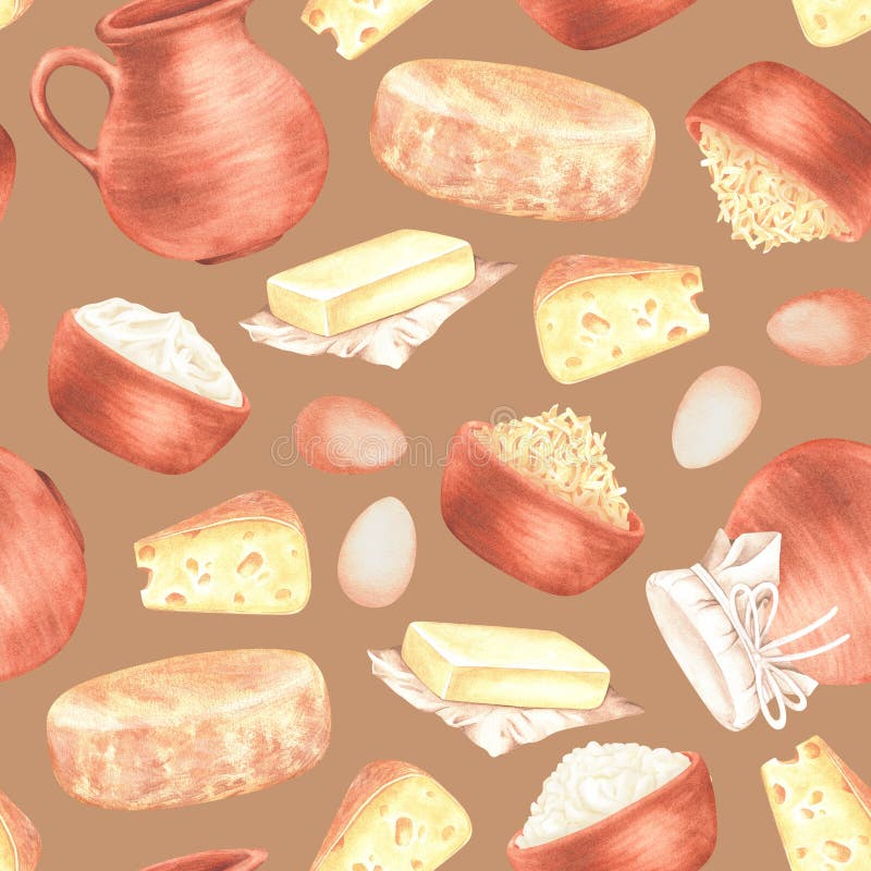 Seamless Pattern Dairy Products Butter Sour Cream Cheese Milk In A