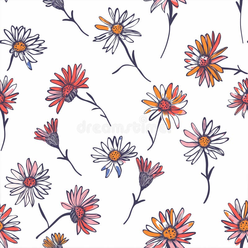 Seamless Pattern with Daisies Hand Drawn Illustration Stock ...