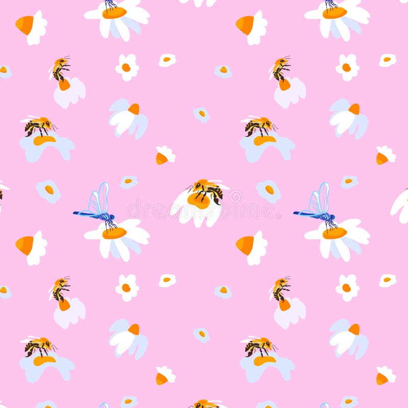 Seamless Pattern Daisy Bee Pink Background Meadow Postcard Poster ...