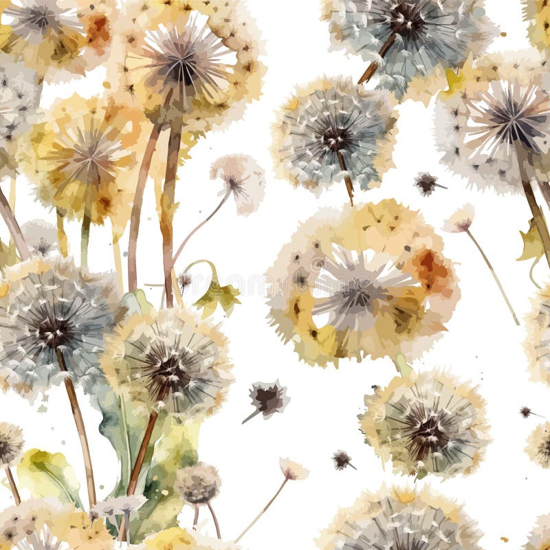 Seamless Pattern Fluffy Watercolor Dandelions. Vector Illustration ...