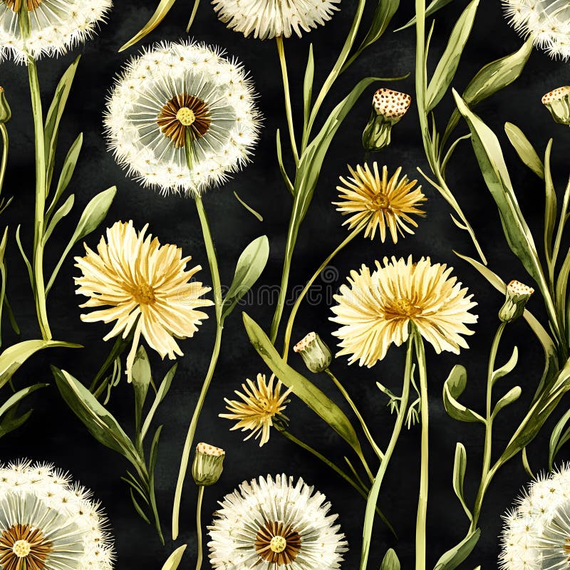 Seamless Pattern with Dandelions and Leaves in Watercolor on a Dark Background. Stock ...