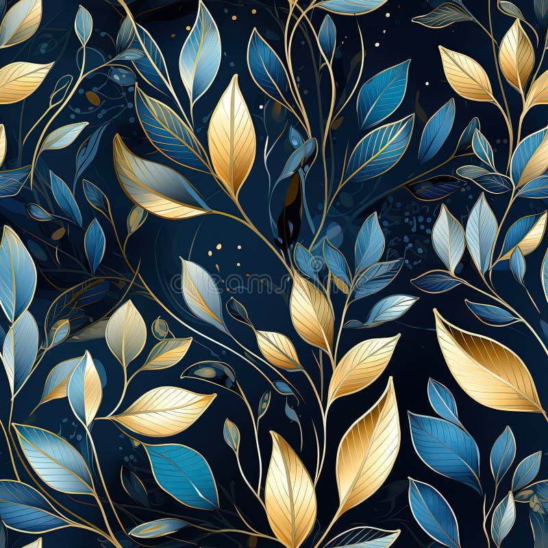 Seamless Pattern of Dark Blue and Gold Leaves Stock Illustration ...