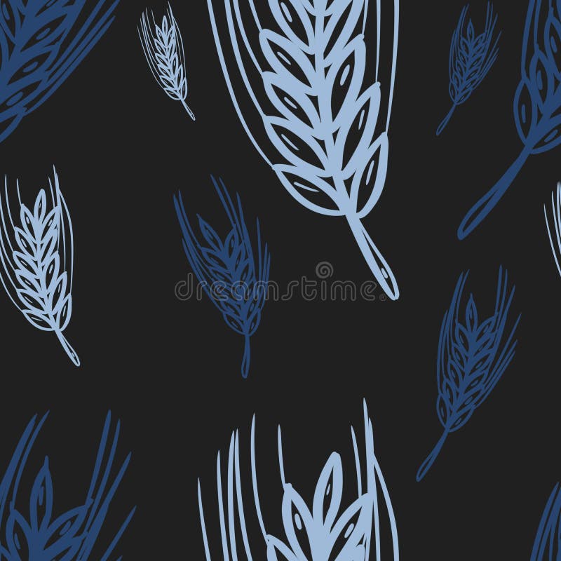 Seamless Pattern with Dark Blue and Light Blue Wheat Plants on Black ...