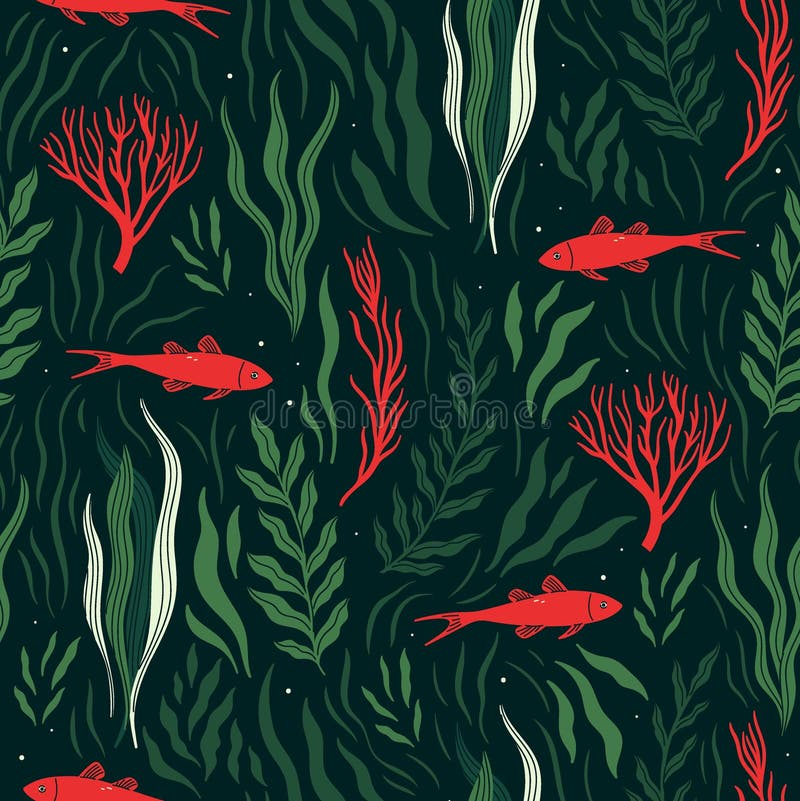 Seamless Pattern of Dark Green Algae and Red Fish. Vector Graphics Stock Vector - Illustration ...