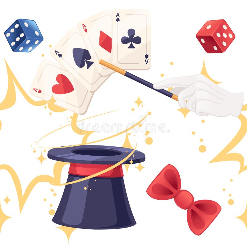 Seamless Pattern Dark Magic Hat with Playing Dice and Mask Vector ...