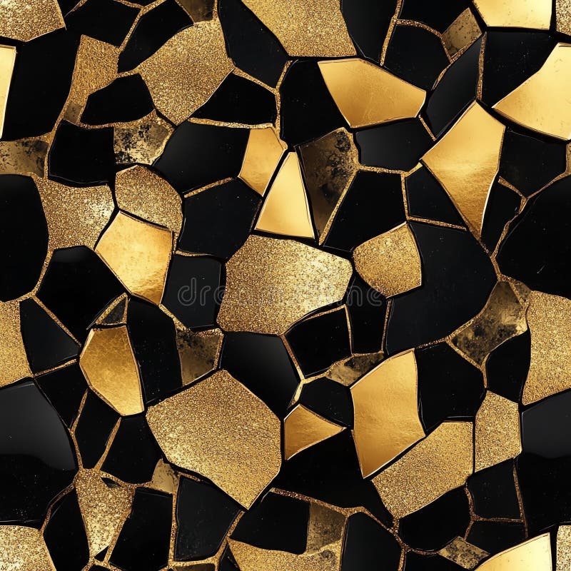Seamless Pattern Dark Mode Black and Gold Metallic Abstract, Elegant Black and Gold Mosaic ...