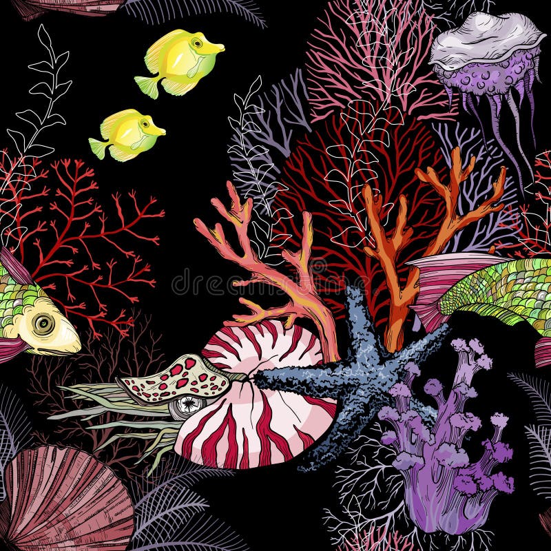 Seamless Pattern with Dark Ocean Night, Hand Drawn Marine Life. Stock ...