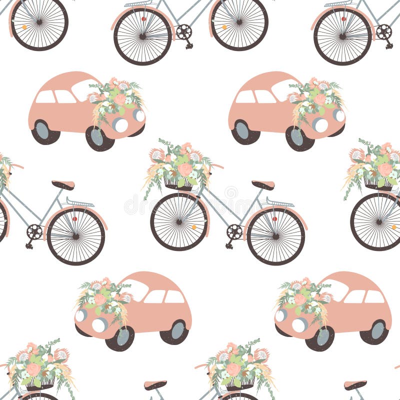 Seamless Pattern with Decorated Wedding Car and Bicycle. on White ...
