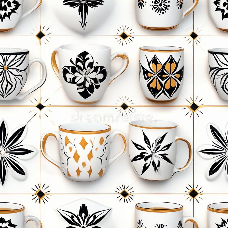 A Seamless Pattern of Decorative Ceramic Mugs Featuring Elegant Black ...