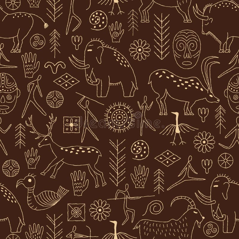 Seamless Pattern with Decorative Elements and Man from Rock Art ...