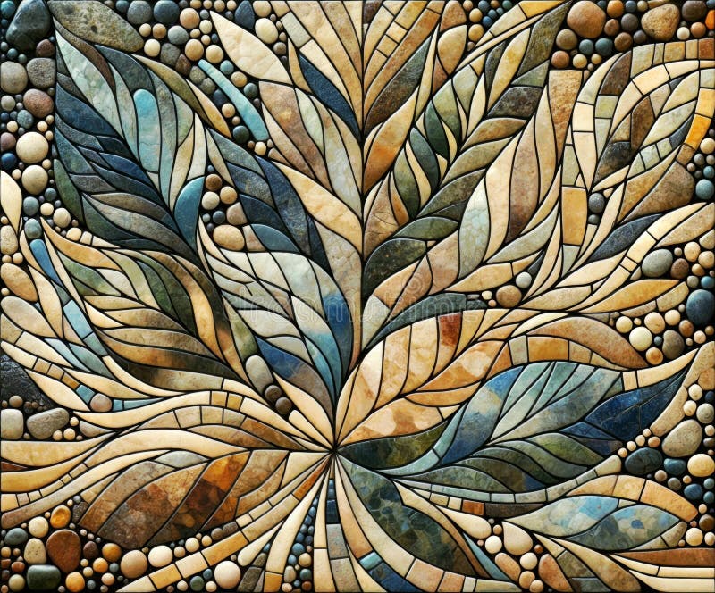 Nature Inspired Mosaic with Leaves, Branches, and Stones Patterns Stock ...