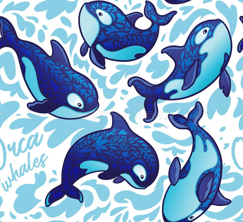 Killer Whale Orca Seamless Pattern in Contour. Vector Illustration ...