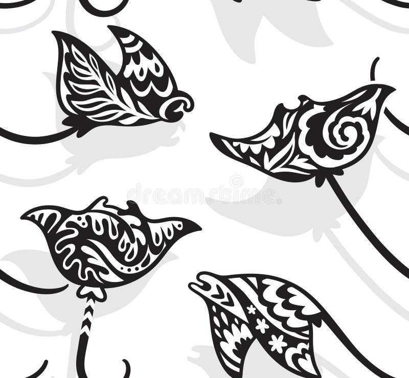 Seamless Pattern with Decorative Sting Ray or Manta Creatures in Black ...