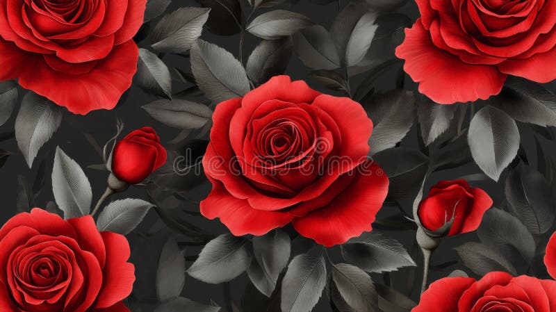 Seamless Pattern of Deep Red Roses and Gray Leaves on Black Background ...