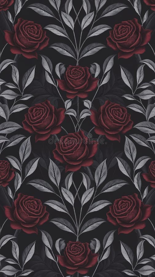 Seamless Pattern of Deep Red Roses with Silver Leaves on Black ...