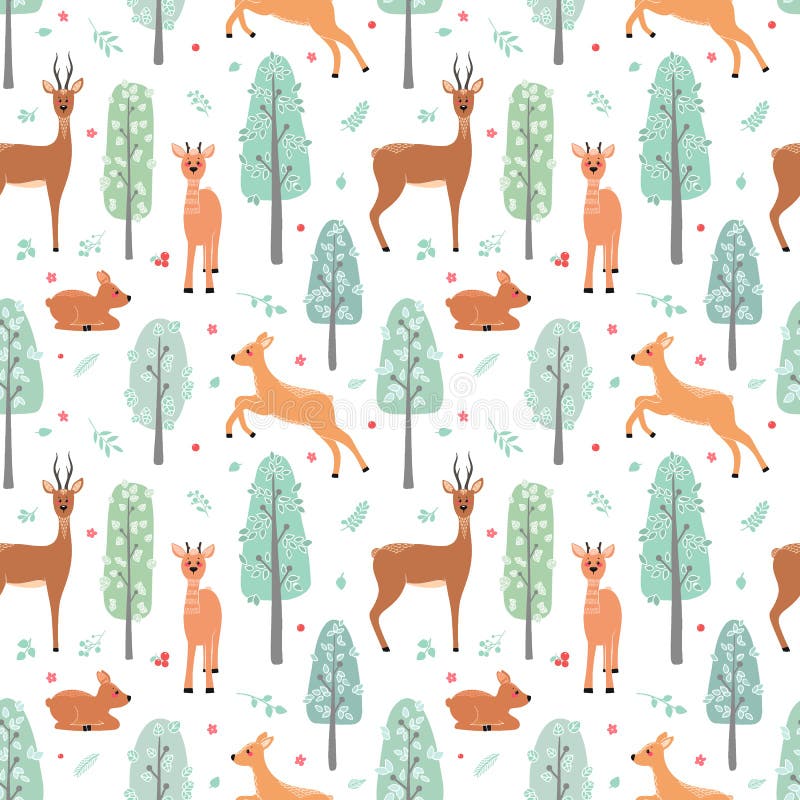 Seamless Pattern with Deer, Doe, Roe Deer on the Background of a Tree ...